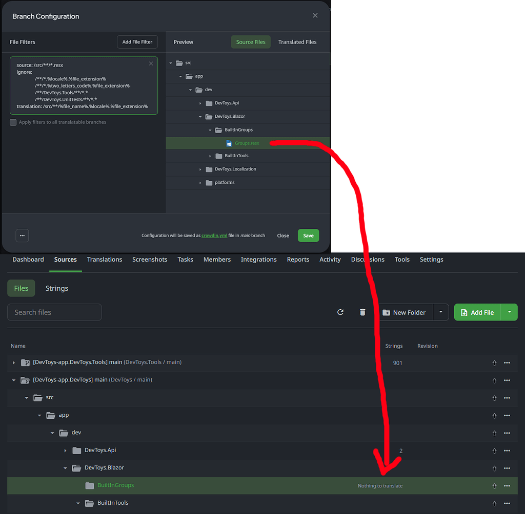 One file does not appear in Sources but appear in Branch configuration - Crowdin Issues ...